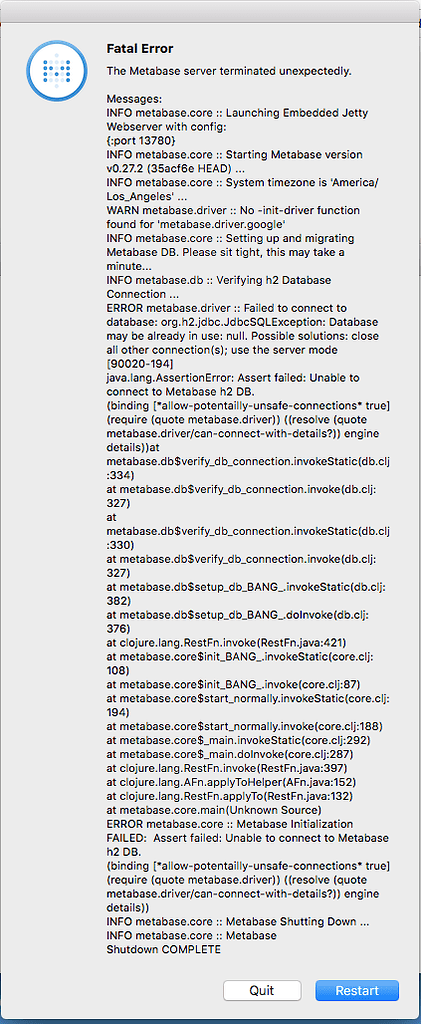 Fatal Error: Metabase server terminated unexpectedly - Metabase Discussion