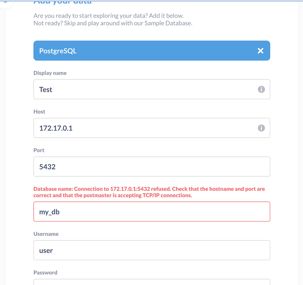 Connection to 172.17.0.1:5432 refused - Get Help - Metabase Discussion