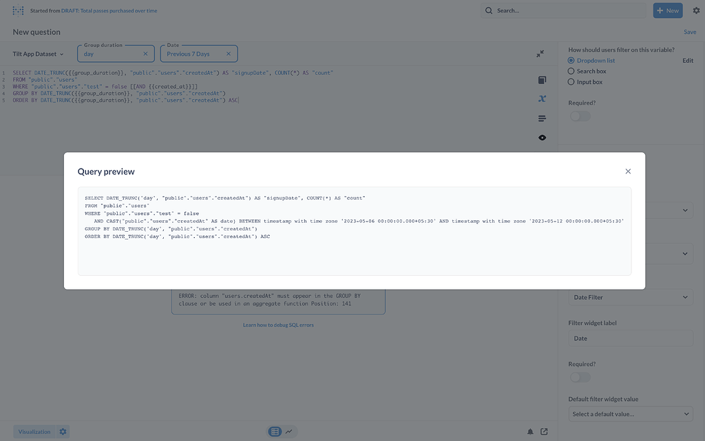 Dynamic value for DATE_TRUNC not working - Metabase Discussion