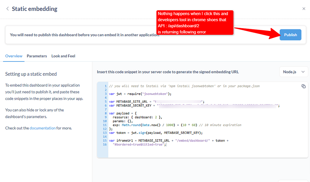 Getting error when I am doing static embedding or a dashboard - Bug reports - Metabase Discussion
