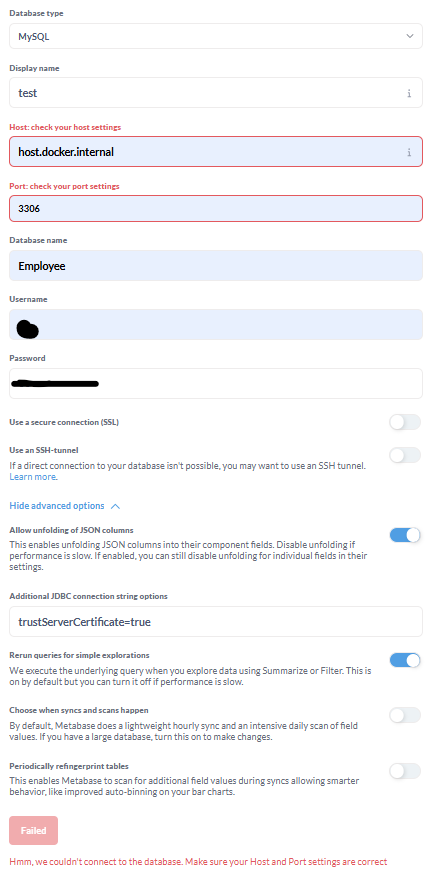 Metabase Database Connect Mysql Localhost Error Get Help Metabase 6411
