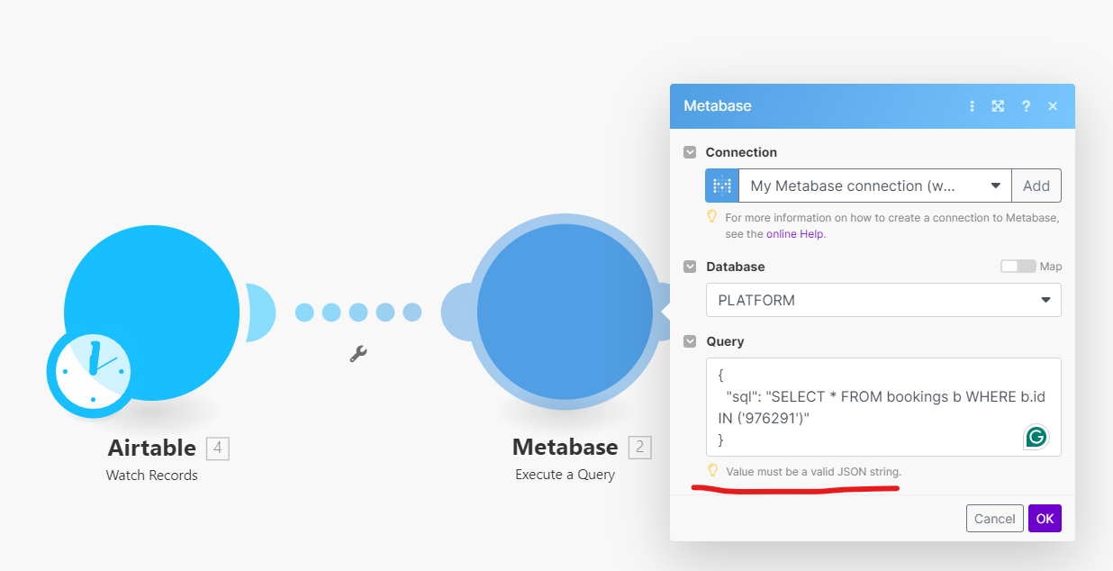 Query in valid json format - Metabase Discussion